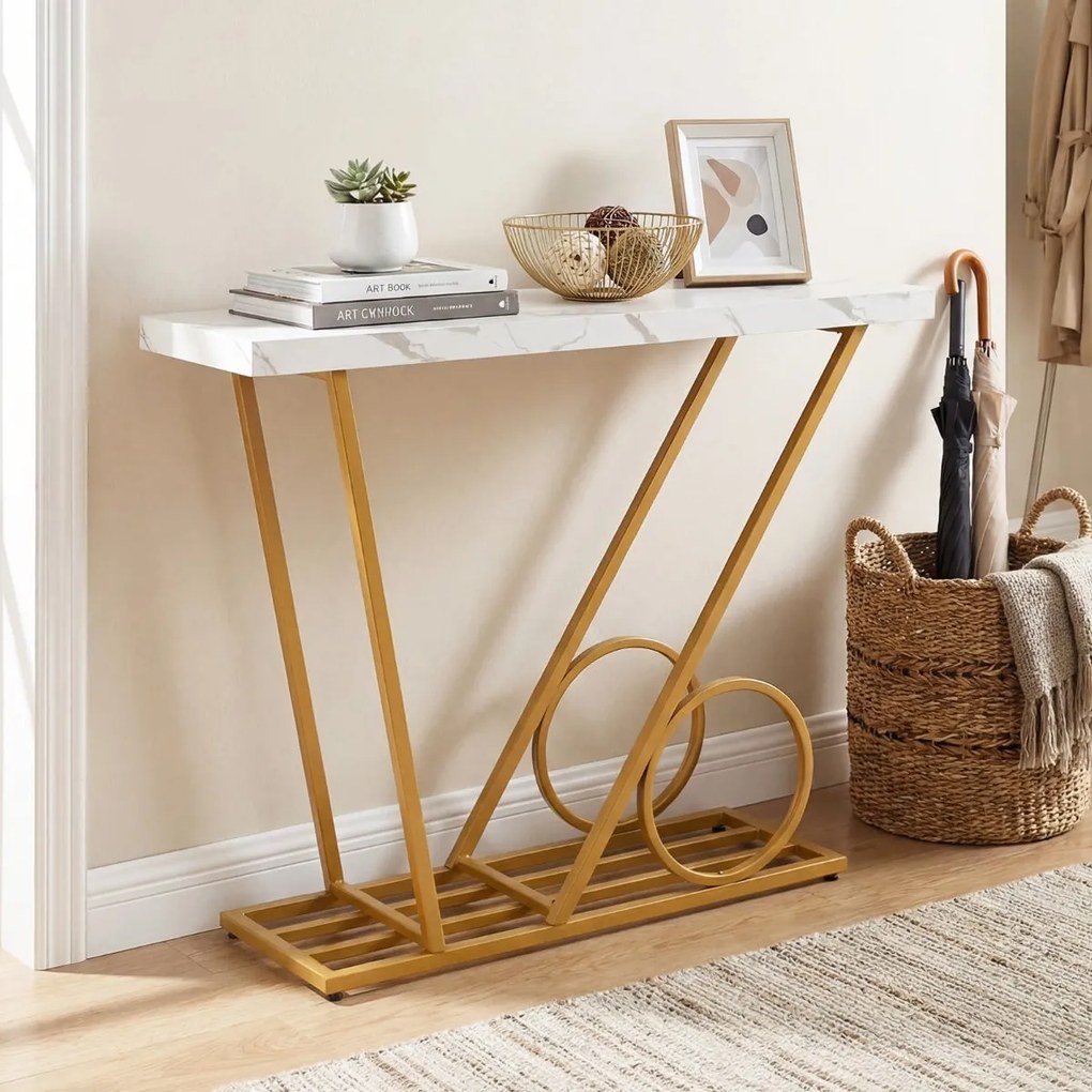 Costway Konzolový stolek 100 cm moderní s mramorovým vzhledem a bílým designem