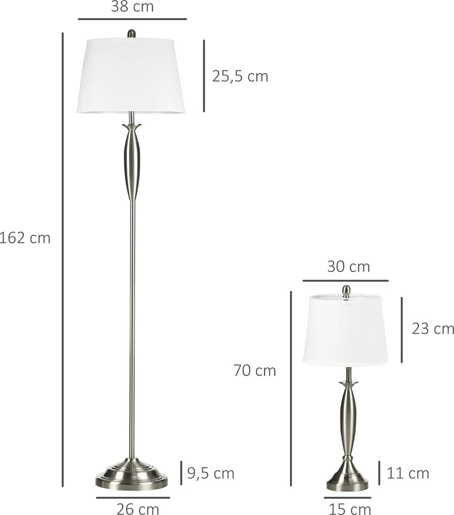 HOMCOM 3-dílná sada stojací lampa a 2 stolní lampy E27 stříbrná a bílá pro obývací pokoj ložnici moderní osvětlení | Aosom.de