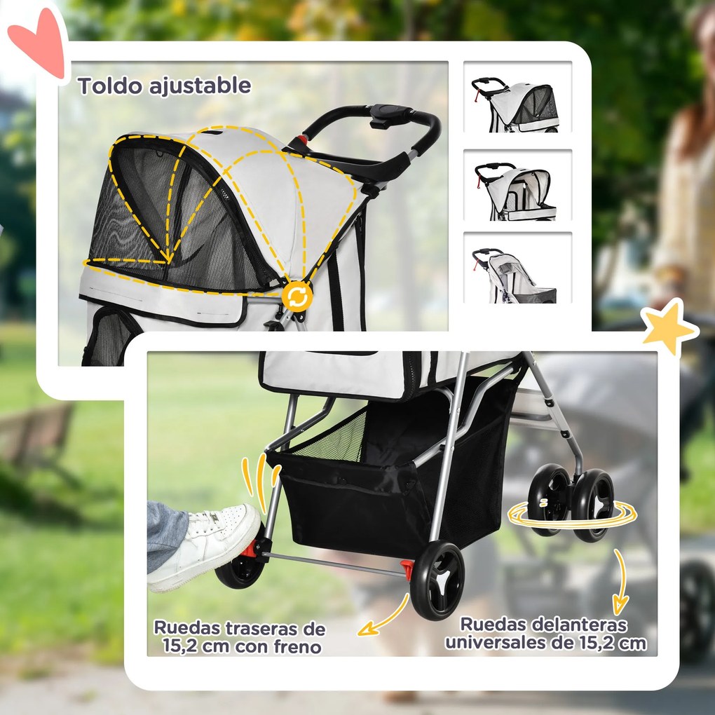 Skládací kočárek pro psy PawHut - Kočárek pro malé psy s nastavitelnou stříškou, úložným košíkem, 2 otočnými koly, nosnost 15 kg, rozměry 75x46x94 cm…
