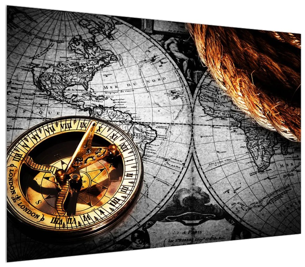 Historický obraz mapy světa a kompasu (100x70 cm)