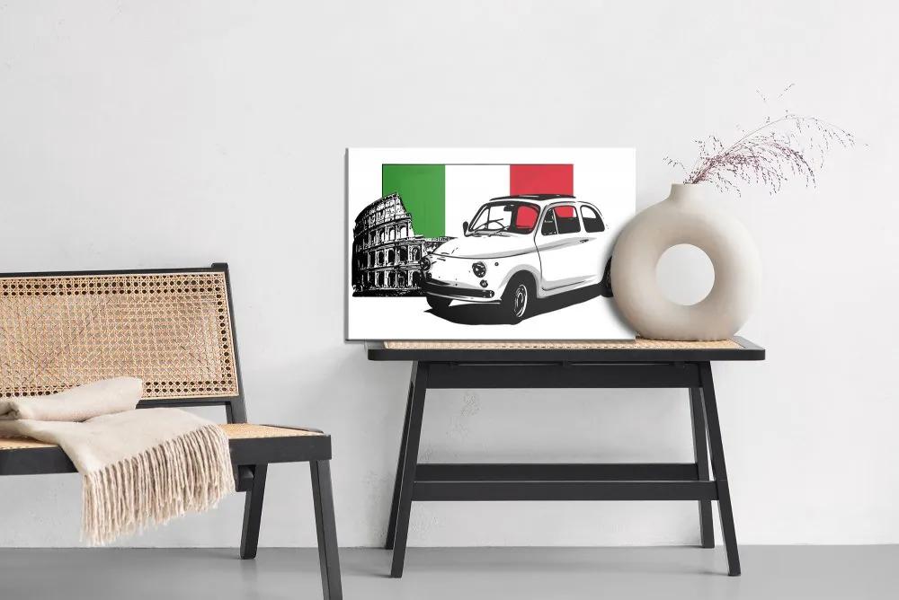 Obraz Retro Auto Na Pozadí Italské Vlajky A Kolosea Nedostatek Nedostatek Plátno Canvas 40x30