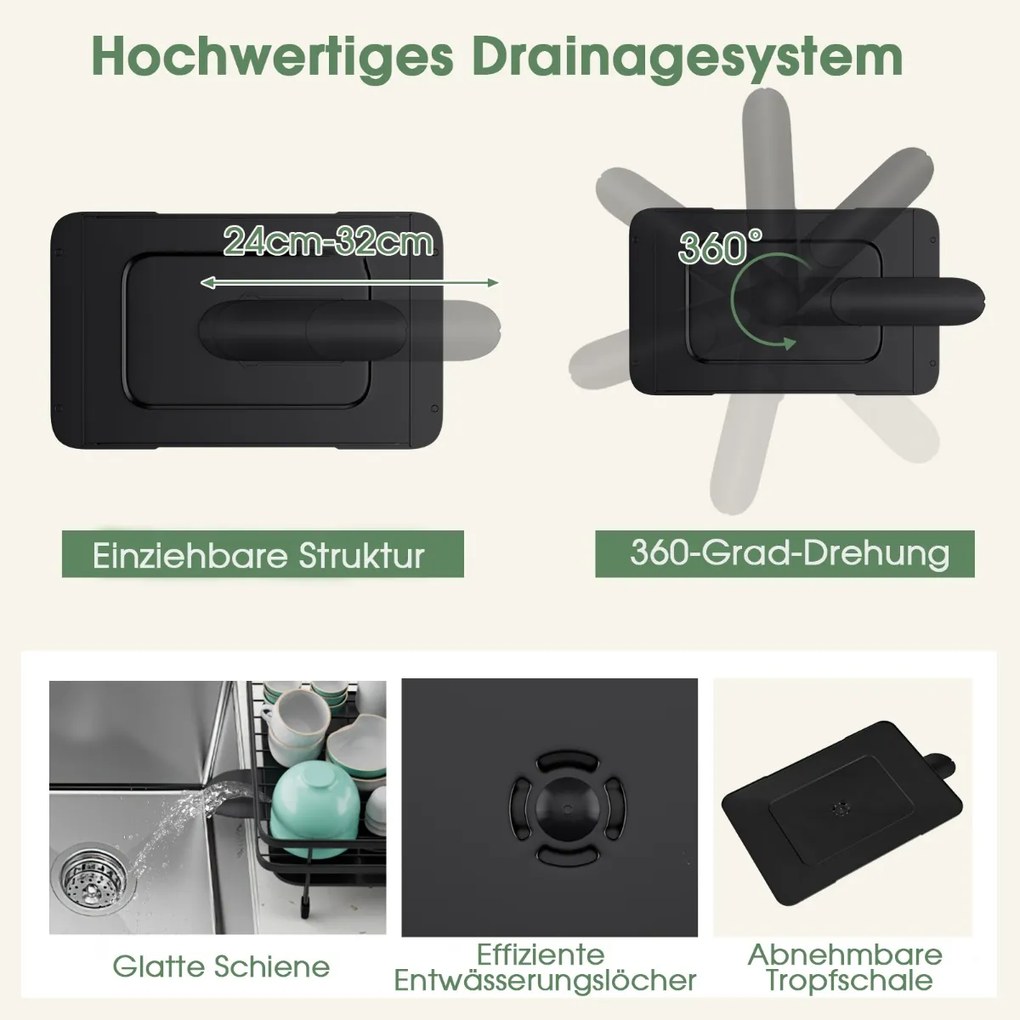 Costway Dish Drainer 2-vrstvý skládací kovový stojan na nádobí, černý