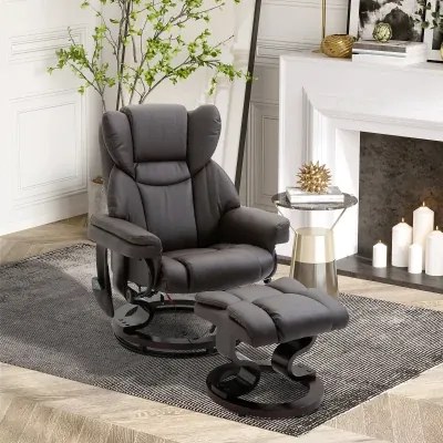 HOMCOM polohovatelné masážní křeslo s podnožkou a funkcí polohování, imitace kůže, hnědá 79x82x101 cm, pohodlné pro relaxaci a wellness