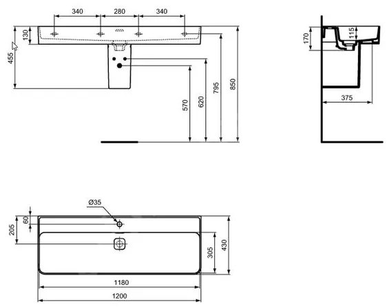 Ideal Standard Strada II Umyvadlo 120 cm broušená spodní hrana T364701