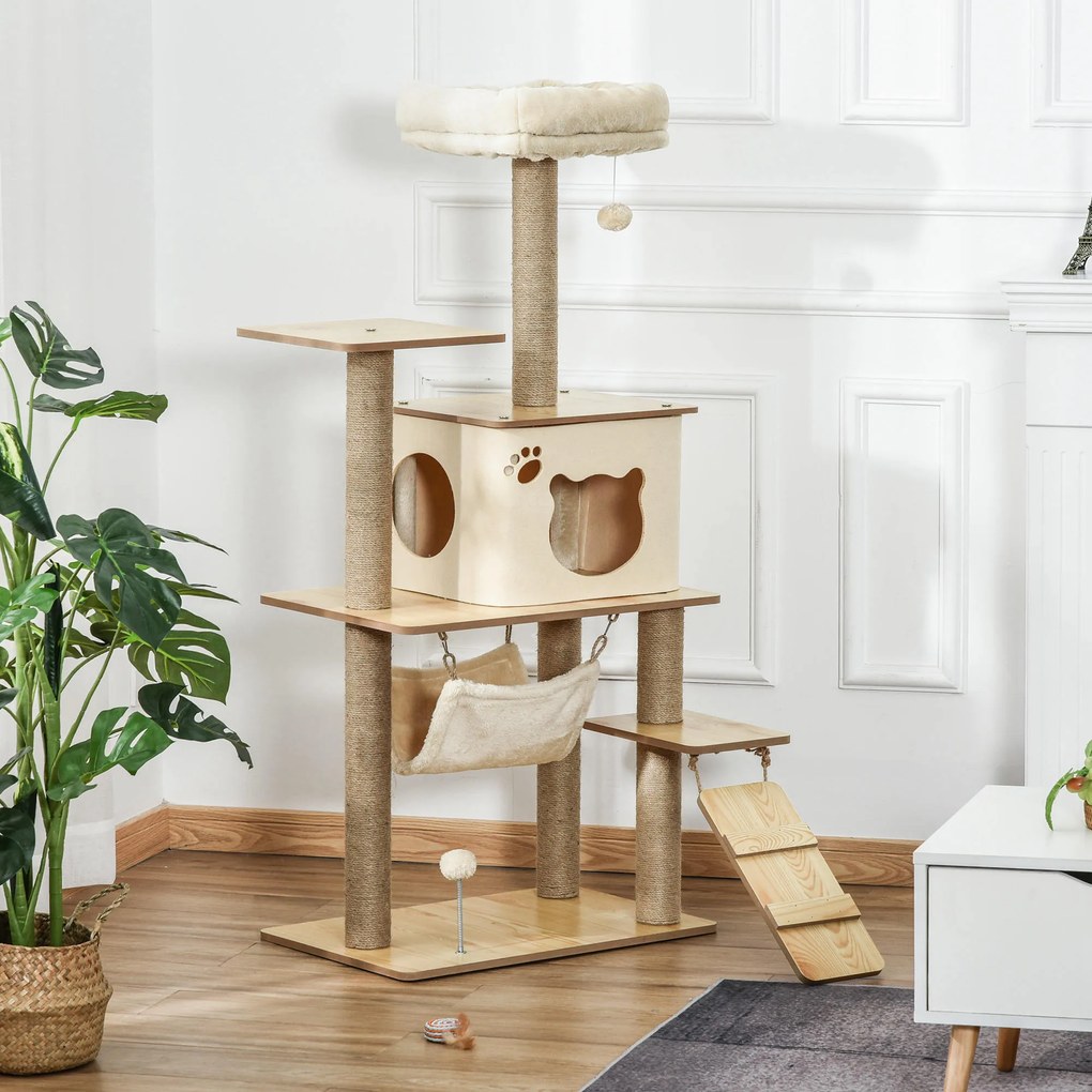 PawHut dřevěný kočičí strom s prolézačkou a kočičí jeskyní, jutové špalky, míčky na hraní, žlutý, 60x40x130cm pro aktivní kočky | Aosom.de
