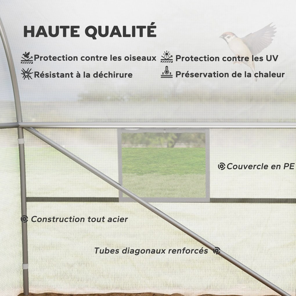 Outsunny Tunelový Skleník 24 m² s PE Krytem a Pozinkovaným Ocelovým Rámem Ø 24 mm 12 Zelených Oken a Rolovacích Dveří 8 x 3 x 2 m Bílá