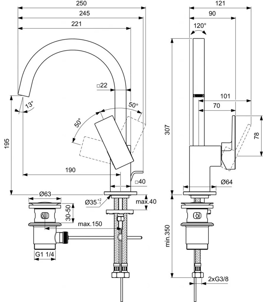 Ideal Standard Extra - Umyvadlová baterie s otočným výtokem s odtokovou garniturou, magnetově šedá BD504A5