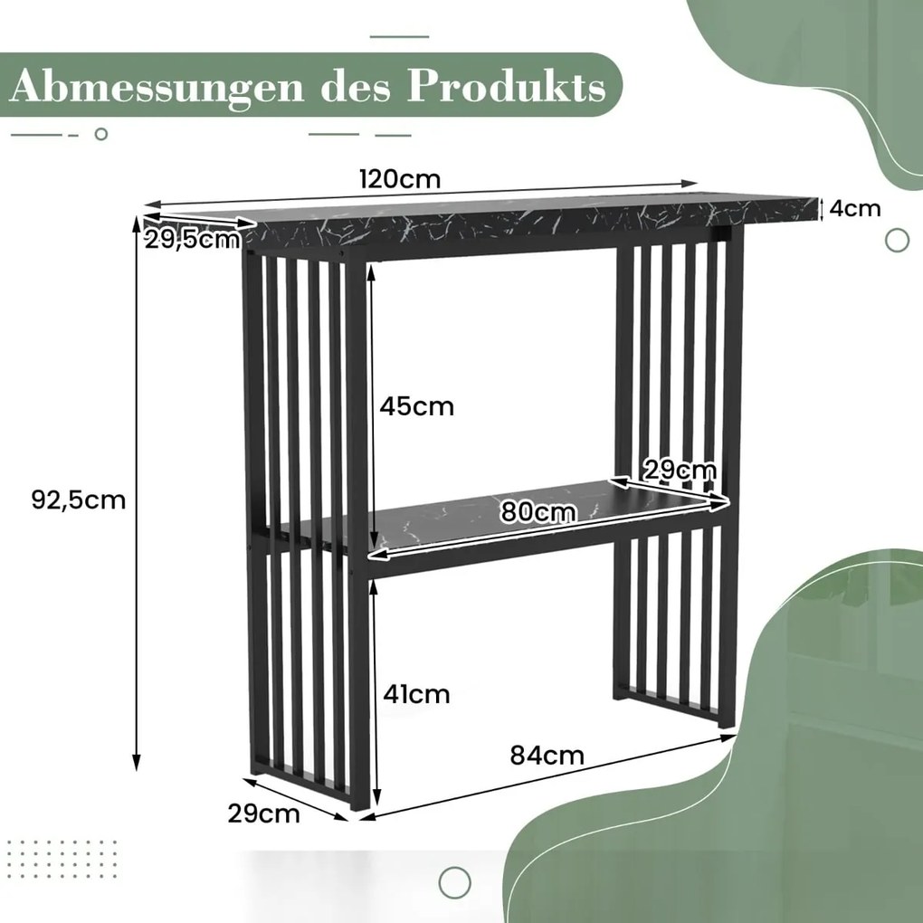 Costway 2 Rovný konzolový stolek s mramorovým vzhledem, úzký s černým kovovým