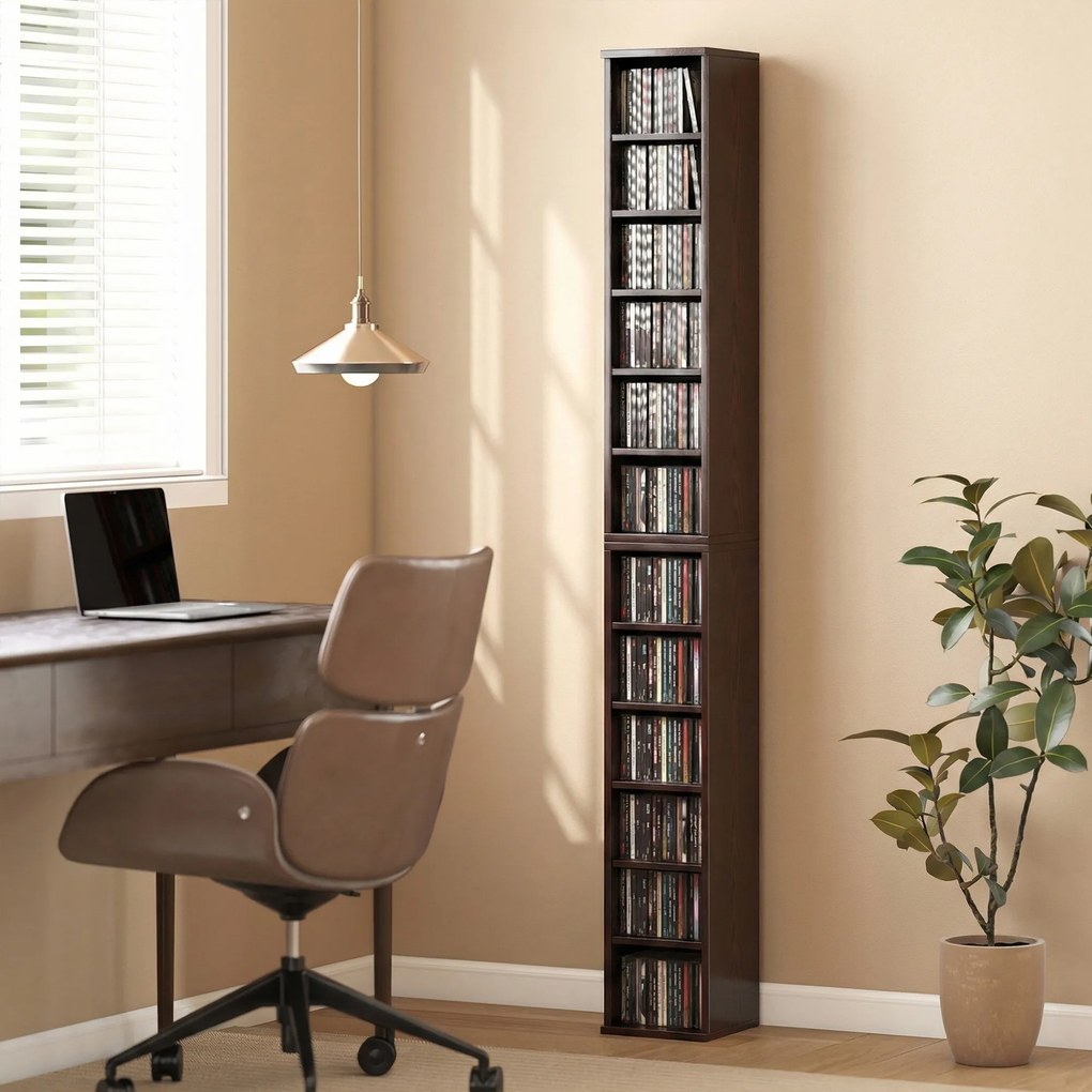 HOMCOM 2dílná sada sloupových regálů, úložný prostor na CD a DVD, 12 přihrádek, 21 x 22,5 x 88,5 cm, kapacita 204 CD, hnědá