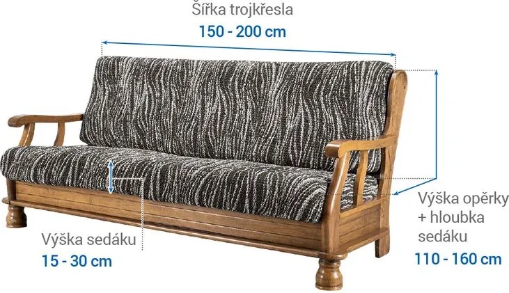 Bielastické potahy UNIVERSO NOVÉ žíhané černobílé trojkřeslo s dřevěnými rukojeťmi (š. 150 - 200 cm)