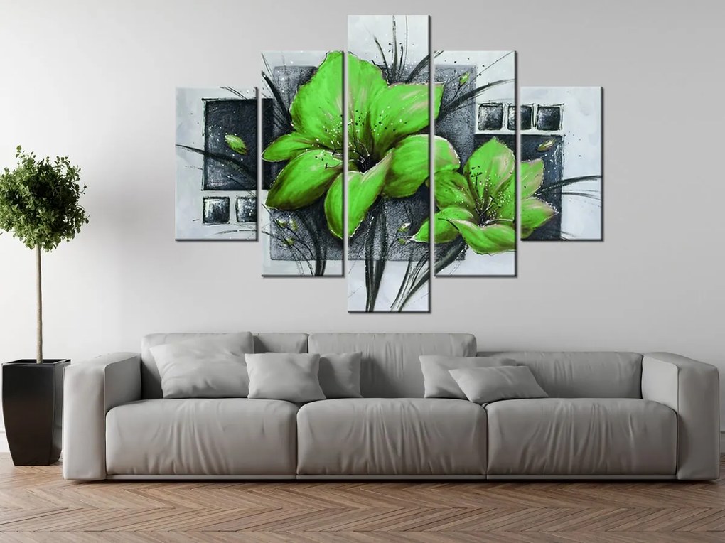 Gario Ručně malovaný obraz Nádherné zelené Vlčí máky - 5 dílný Rozměry: 150 x 105 cm