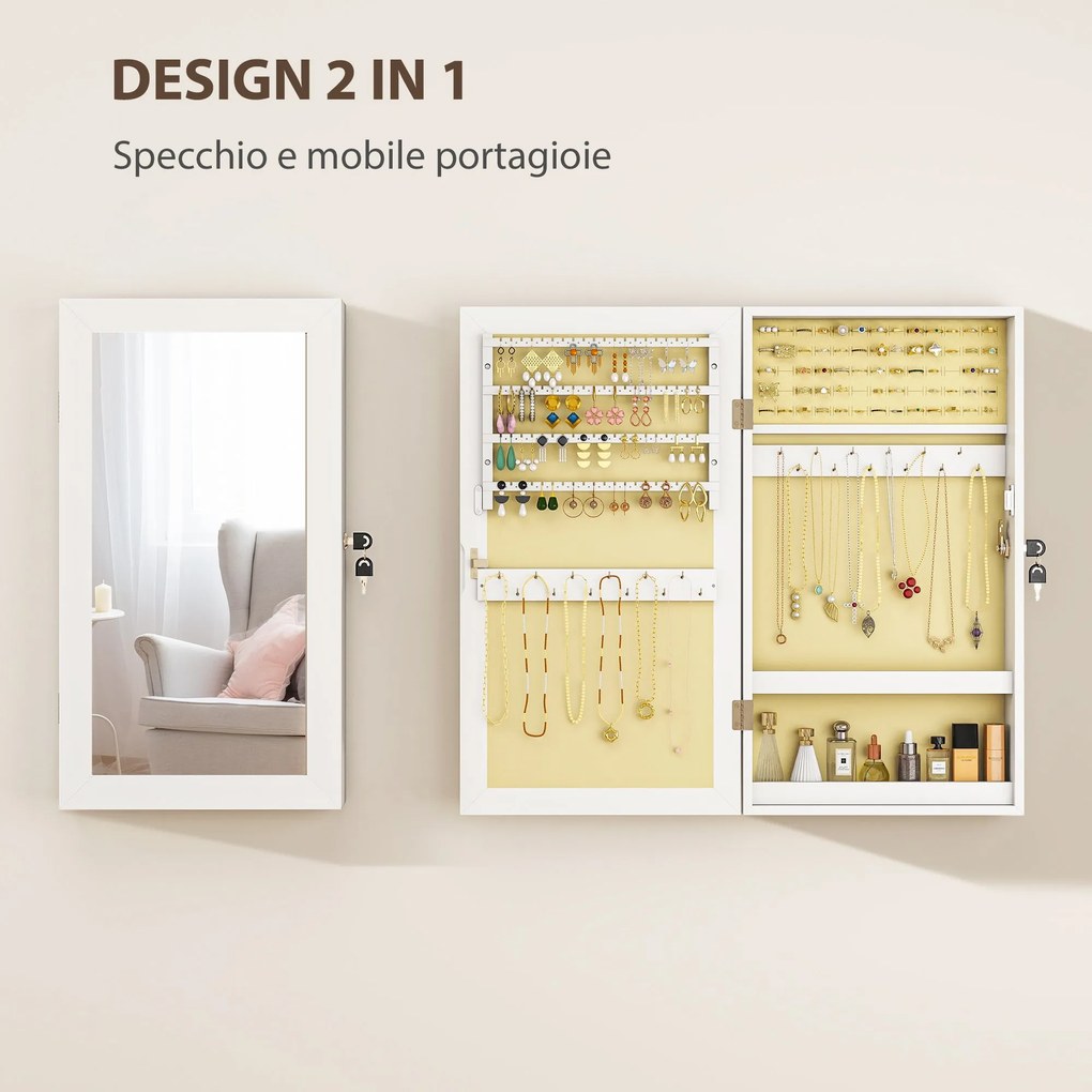 HOMCOM Zrcadlový šperkový kabinet na zeď, Šperková skříň s uzamčením, Zrcadlo v MDF pro ložnici a obývací pokoj, 36,5 x 9,5 x 67 cm, Bílá