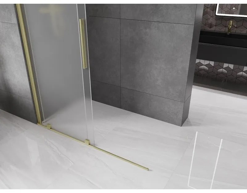 Mexen Velar, sprchová zástěna s posuvnými dveřmi Walk-in 130 x 200 cm, 8mm sklo námraza, zlatá matná, 871-130-000-33-55