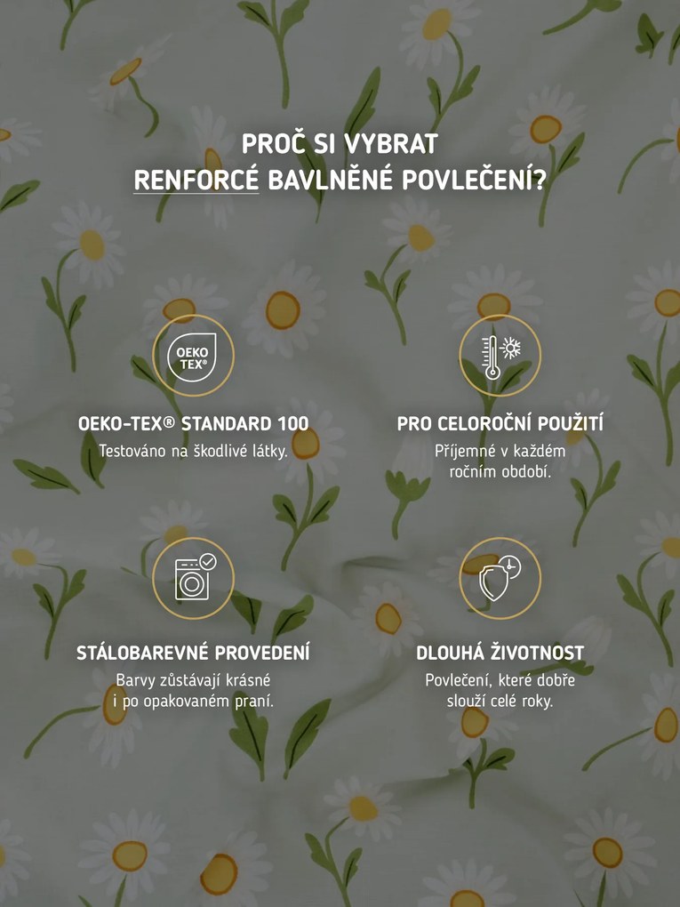 MK Lůžkoviny Bavlněné povlečení Renforcé - Sedmikrásky šedozelené/bílé 140 × 200 cm, 70 x 90 cm
