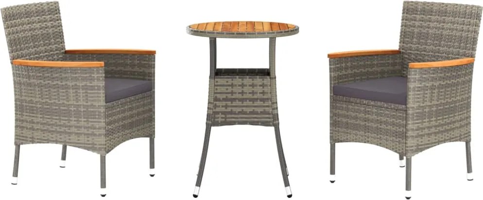 3dílný zahradní bistro set s poduškami šedý polyratan 3187430