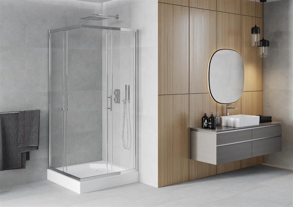 Mexen Rio, čtvercový sprchový kout s posuvnými dveřmi 90 x 90 cm, 5mm čiré sklo, chromový profil + bílá vysoká sprchová vanička Rio, 860-090-090-01-00-4510
