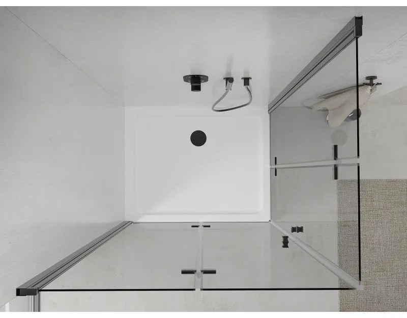 Mexen Lima Duo, sprchový kout s 2-křídlými skládacími dveřmi 90 (dveře) x 80 (dveře) cm, 6mm čiré sklo, černý profil + slim sprchová vanička 5cm bílá s černým sifonem, 856-090-080-70-02