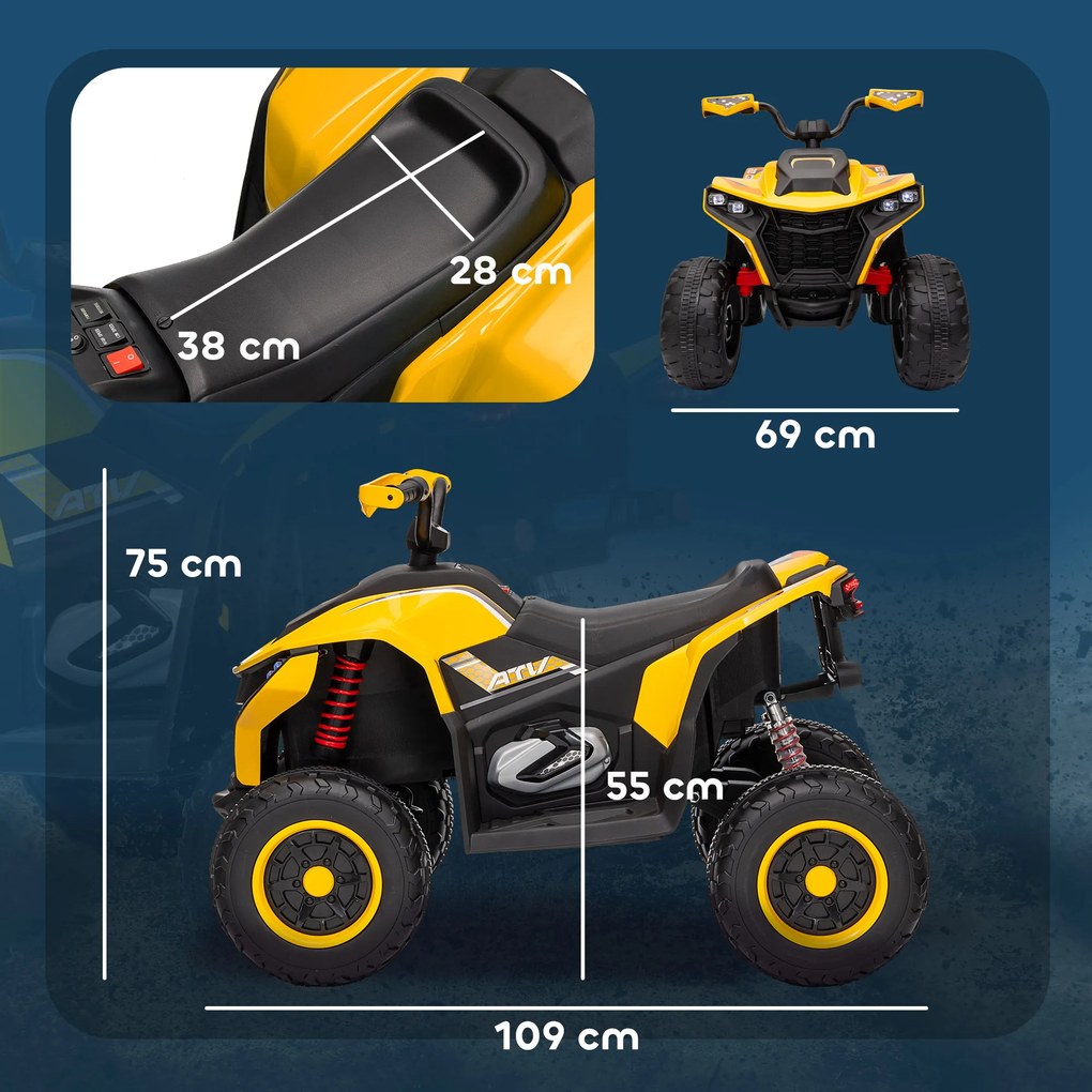 AIYAPLAY Elektro čtyřkolka pro děti, 3-6 km/h, LED světlomety, hudba, USB, pro děti 3-8 let, žlutá
