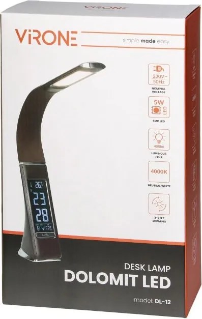 Stolní lampa s budíkem VIRONE DOLOMIT DL-12/B, 5W, 400lm, 4000K, černá
