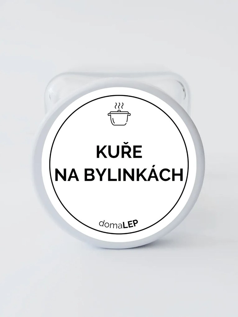 Samolepka na kořenky KUŘE NA BYLINKÁCH bílá 5 cm tučné písmo