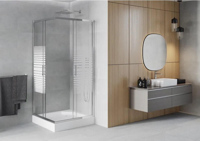 Mexen Rio, čtvercový sprchový kout s posuvnými dveřmi 90 x 90 cm, 5mm čiré sklo/pásy, chromový profil + bílá vysoká sprchová vanička Rio, 860-090-090-01-20-4510