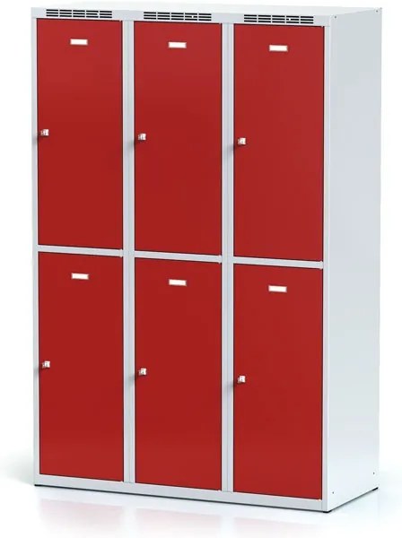 Alfa 3 Šatní skříňka S6 s úložnými boxy, 6 boxů, 1800 x 1200 x 500 mm, otočný zámek, červené dveře