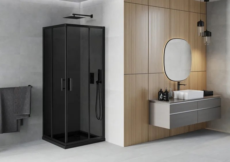 Mexen Rio, čtvercový sprchový kout 90(dveře)x90(dveře)x190 cm, 5mm šedé sklo, černý profil + černá sprchová vanička SLIM, 860-090-090-70-40-4070B