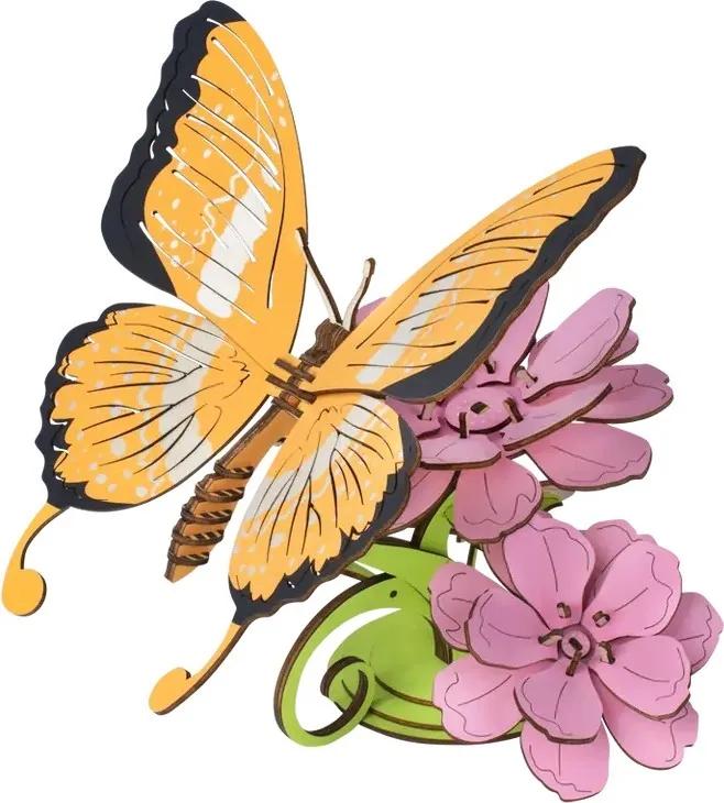 Dřevěné 3D puzzle Motýl na květech barevné