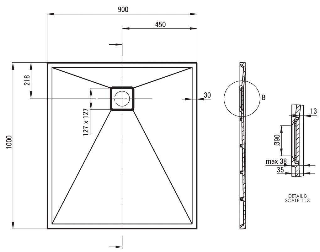 Deante Correo, obdélníková granitová sprchová vanička 100x90x3,5 cm, černá, KQR_N45B