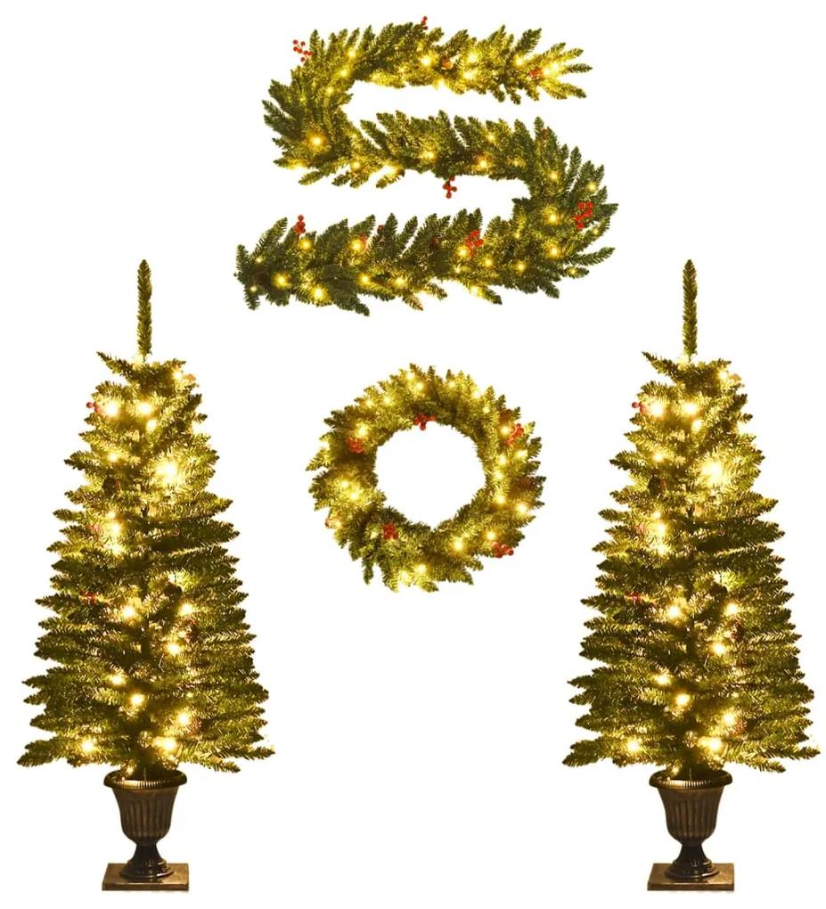 344648 vidaXL Umělé vánoční stromky 2 ks s věncem, girlandou a LED diodami