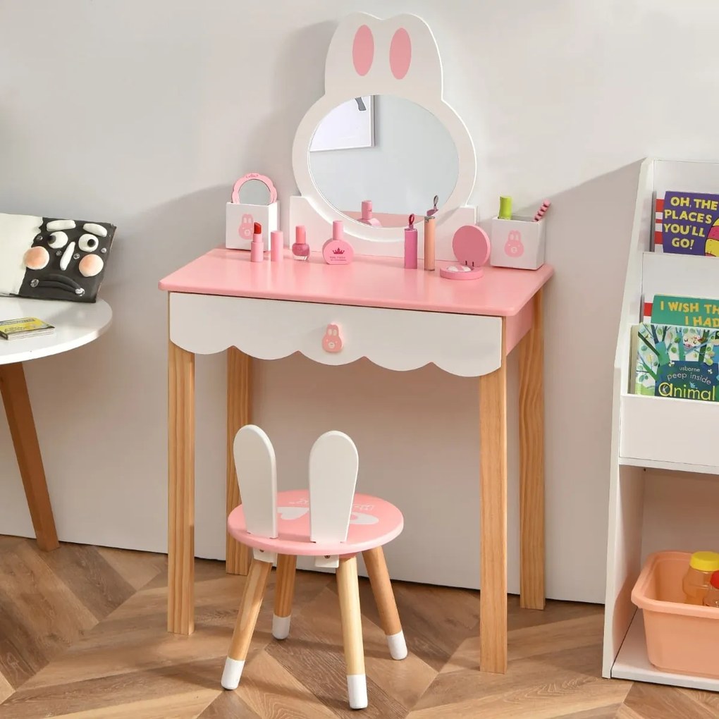 Costway Dětský toaletní stolek s taburetem Princess růžová + – 60 × 34 × 103 cm