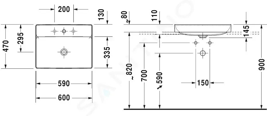 DURAVIT - DuraSquare Umyvadlová mísa 600x470 mm, bez přepadu, s otvorem pro baterii, DuraCeram, WonderGliss, bílá (23546000411)