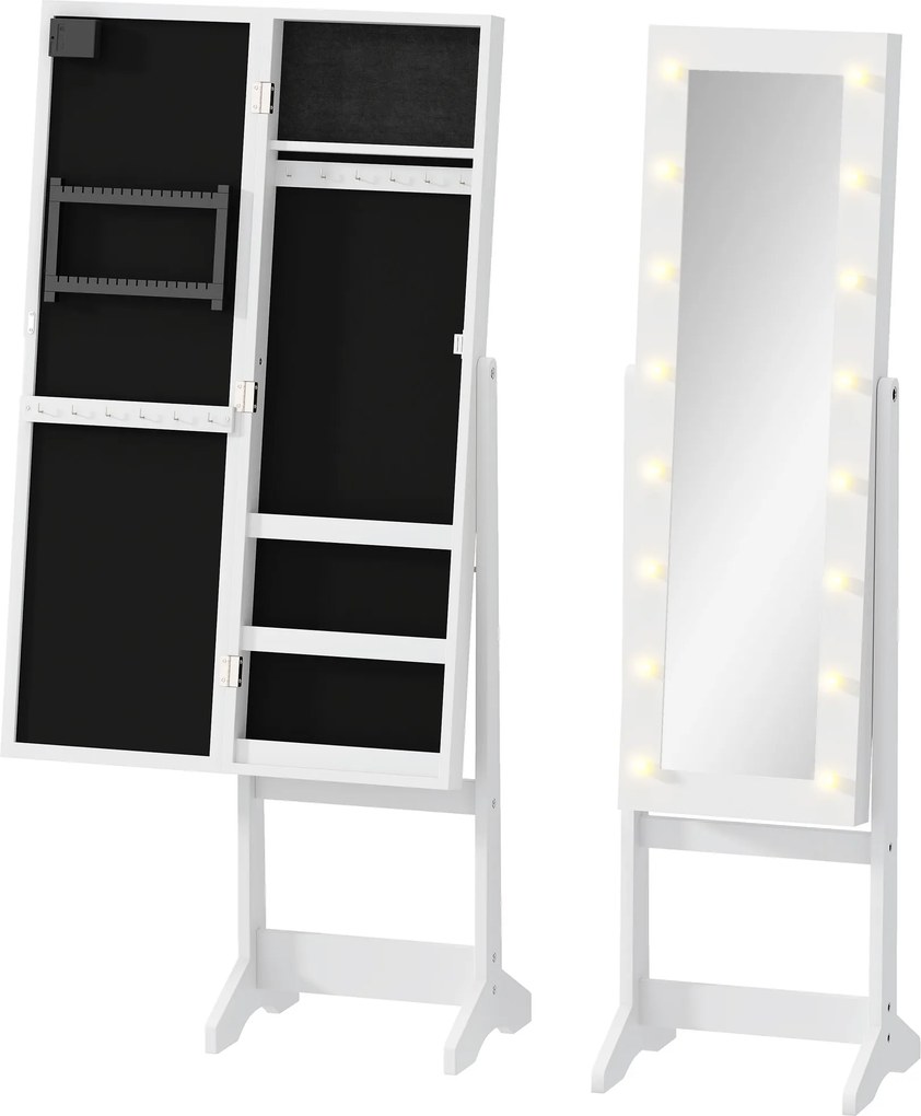 HOMCOM LED šperkovnice se zrcadlem, zrcadlová skříňka, stojací zrcadlo, police na šperky, nastavitelný zrcadlo, krémově bílá, výška 136 cm