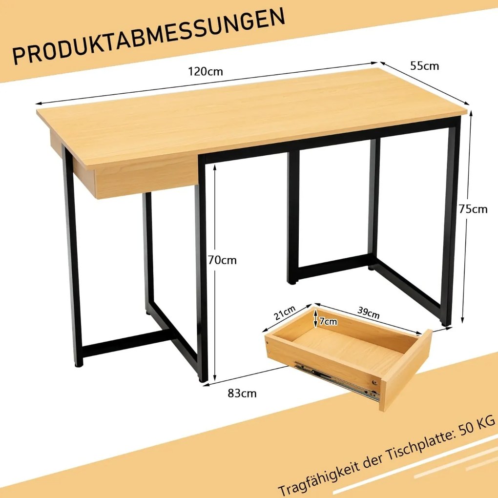 Costway Počítačový stůl se zásuvkou a nastavitelnými podložkami – 120 × 55 cm