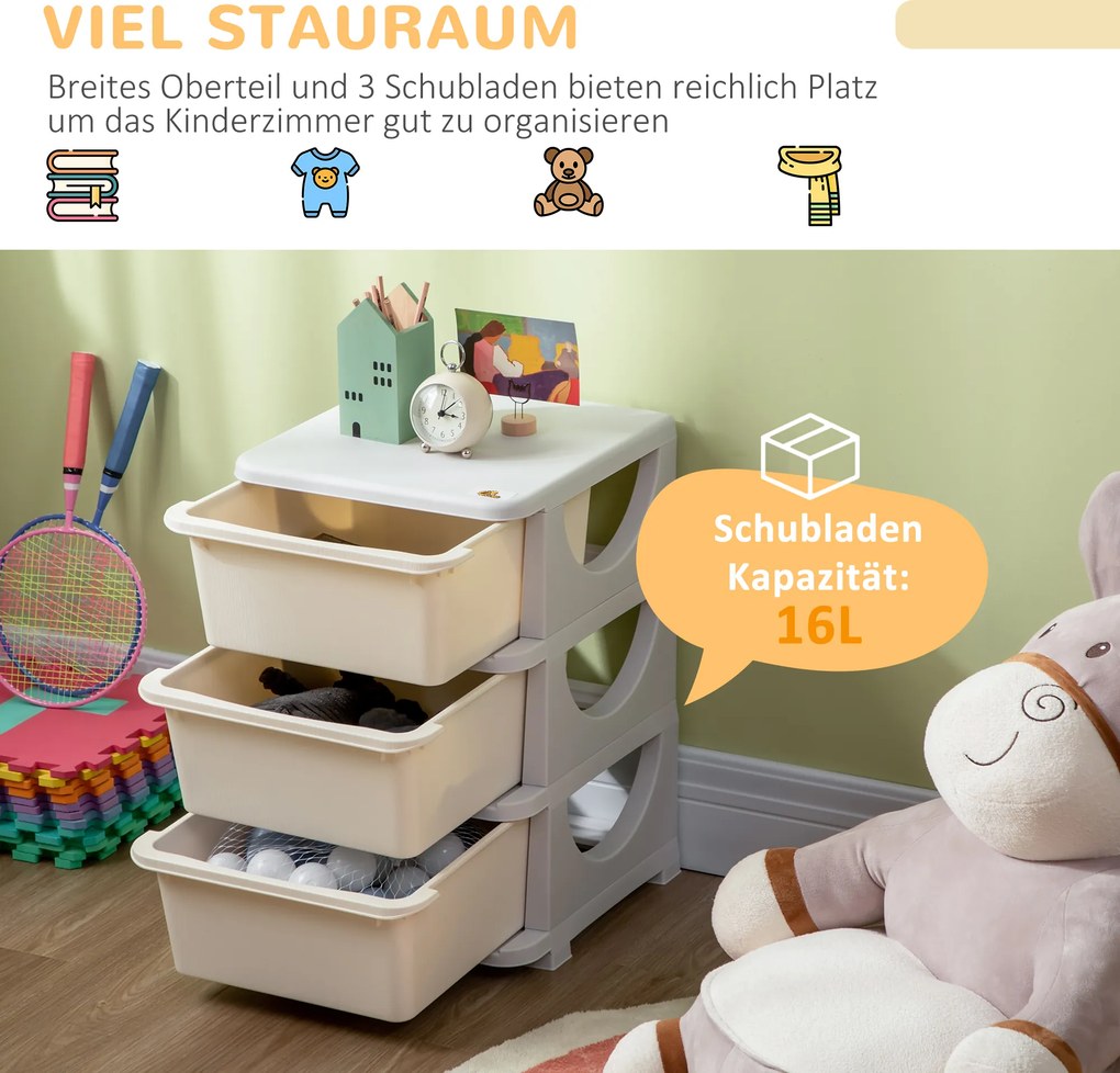 HOMCOM Úložné boxy pro děti, 3 velké zásuvky, oblé hrany, plast, 37x37x56,5 cm, krémově bílá