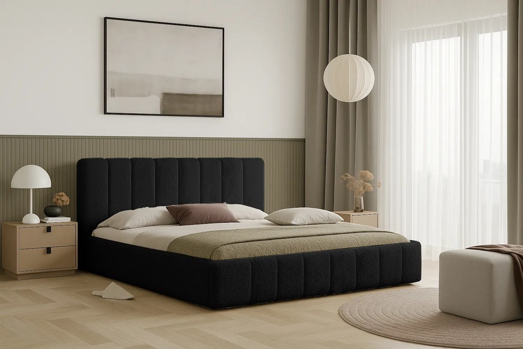 Postel RIMINI 140x200 s úložným prostorem - bouclé - černá
