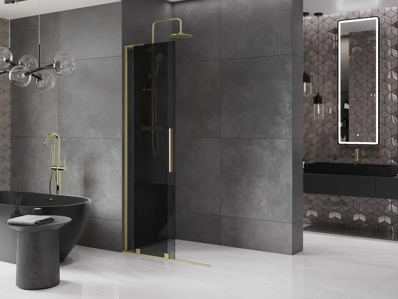 Mexen Velar L, posuvná sprchová zástěna Walk-in 90 x 200 cm, 8mm šedé sklo, zlatá matná, 871-090-003-43-55