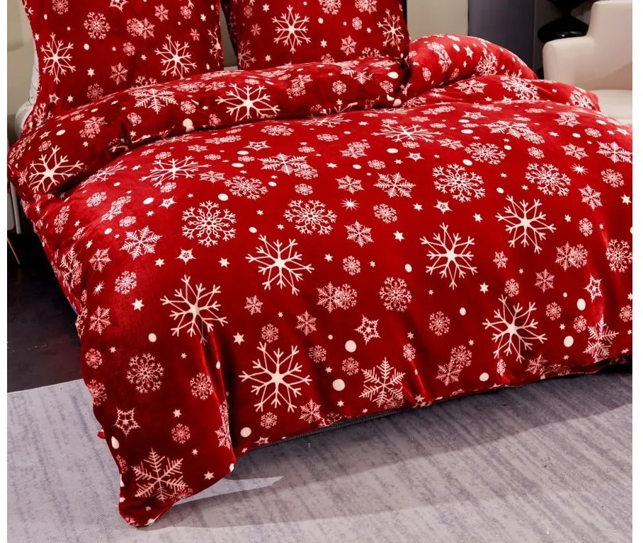 Sada mikroplyšového povlečení SNOWFALL červené + prostěradlo mikroplyš SOFT 90x200 cm bílé, jednolůžko