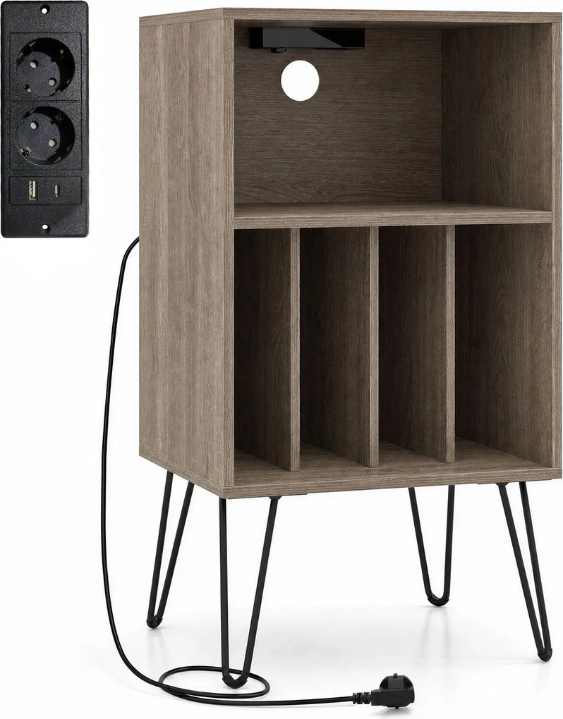 Costway Stojan na gramofon s nabíjecí stanicí Vinylová – šedá