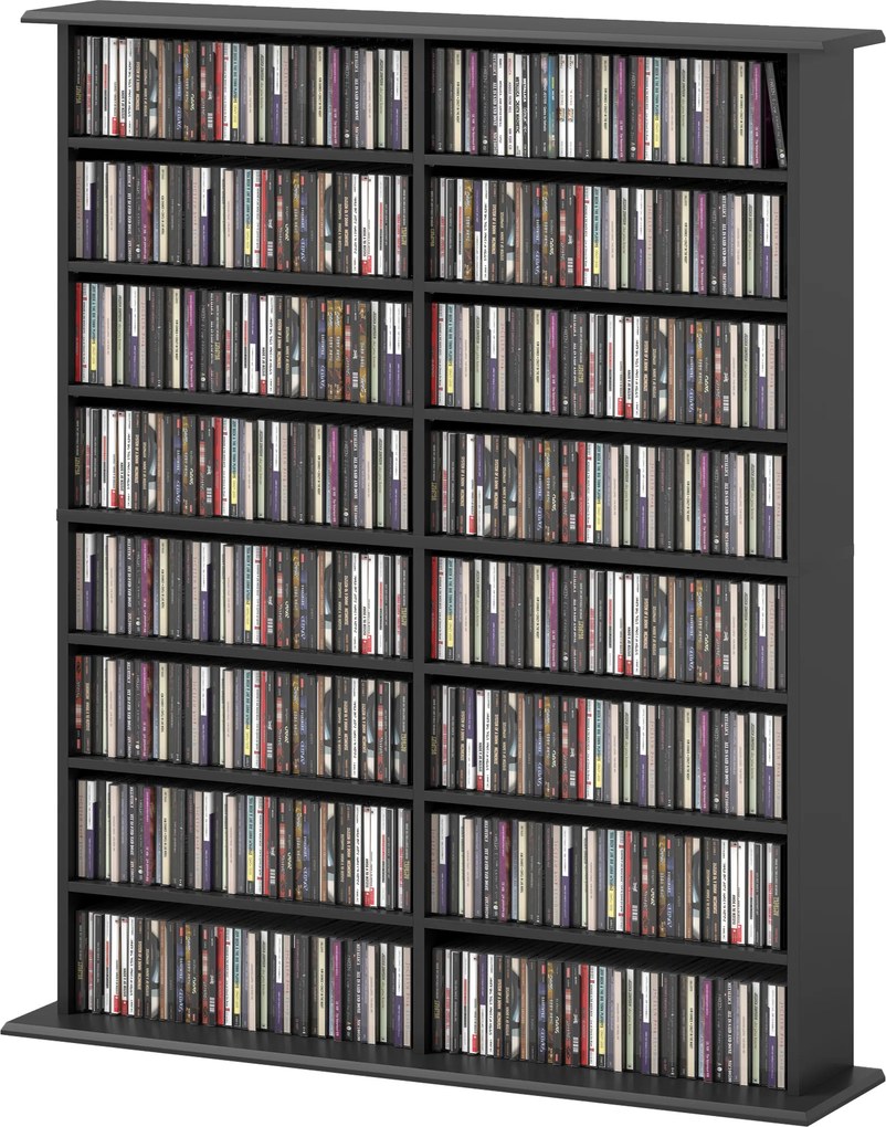 HOMCOM Moderní Knihovna s 16 Policemi pro 720 CD, Držák na CD z Dřevotřísky, 106,5x24x123,7 cm, Černá