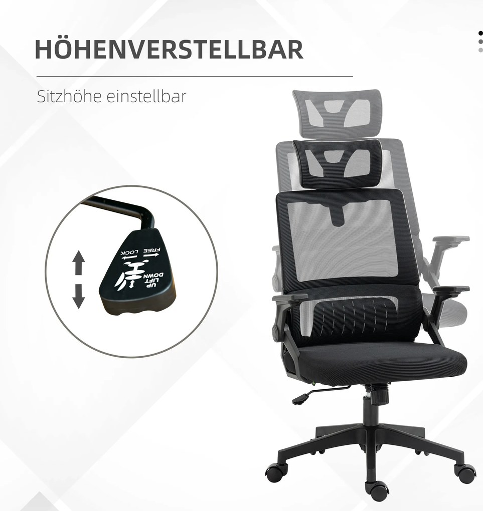 Ergonomická kancelářská židle Vinsetto, židle k psacímu stolu s nastavitelnou opěrkou hlavy, výškově nastavitelné područce, počítačová židle s funkcí…