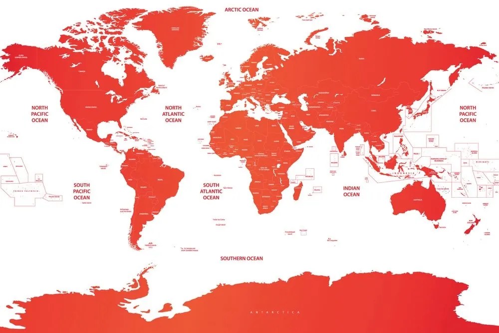 Samolepící tapeta mapa světa s jednotlivými státy v červené barvě - 150x100 cm