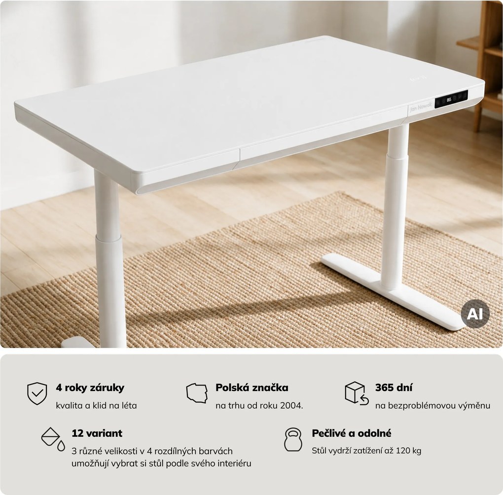 Elektrický psací stůl sit-stand se zásuvkou a bezdrátovou nabíječkou Qi bílý, 1200 mm: ELLIS