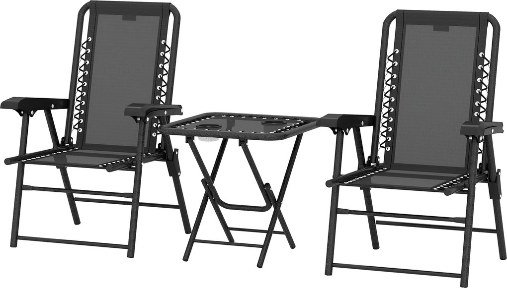 Outsunny 3dílný skládací bistro set – práškově lakovaná ocel, černá (2 židle + stůl) s držáky na nápoje | Aosom