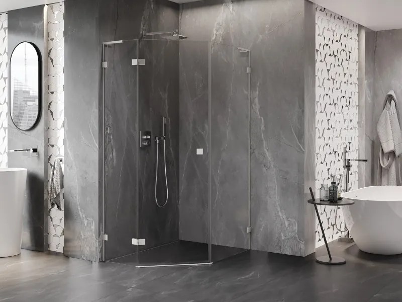 Mexen Lunar, L pětiúhelníkový sprchový kout naklápěcí doleva 80 x 100 cm, 8mm čiré sklo, ocelový profil, 831L-080L-100P-97-00-L