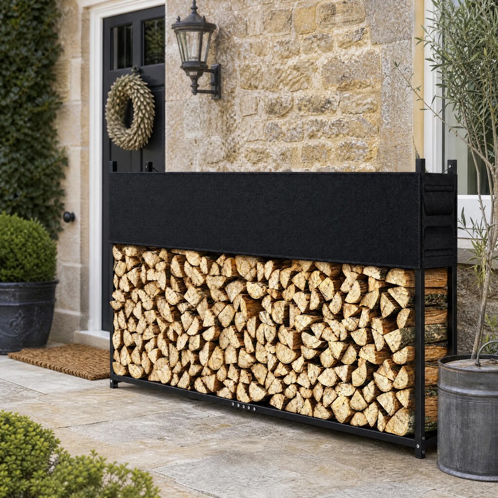 Outsunny Stojan na palivo 202 x 25 x 113 cm, stojan na dřevo s 600D Oxford krytem, ocelový rám do 500 kg, černý