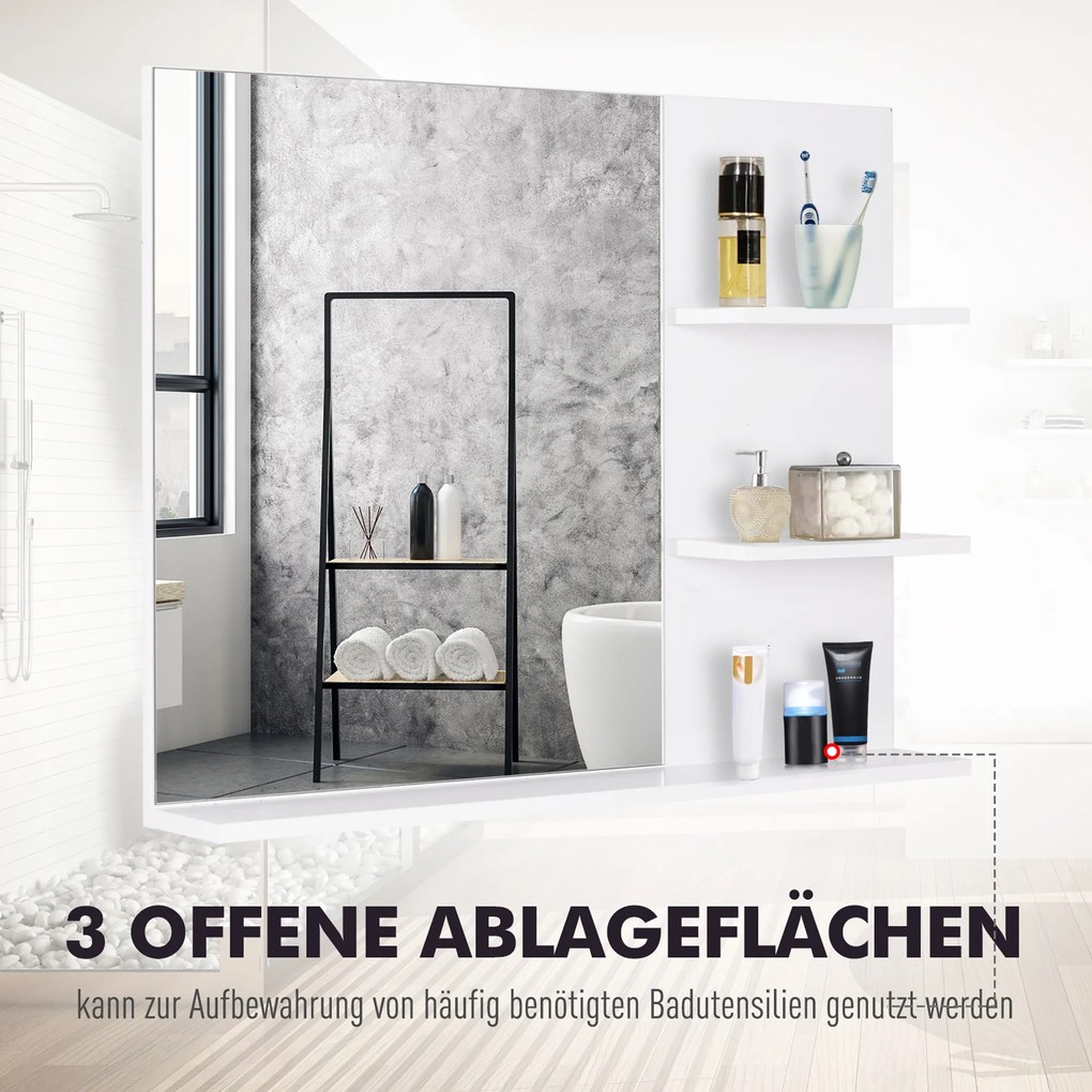 kleankin koupelnové zrcadlo nástěnné zrcadlo se 3 policemi, zrcadlová polička do koupelny, MDF bílá 60x10x48cm, moderní design pro pořádek