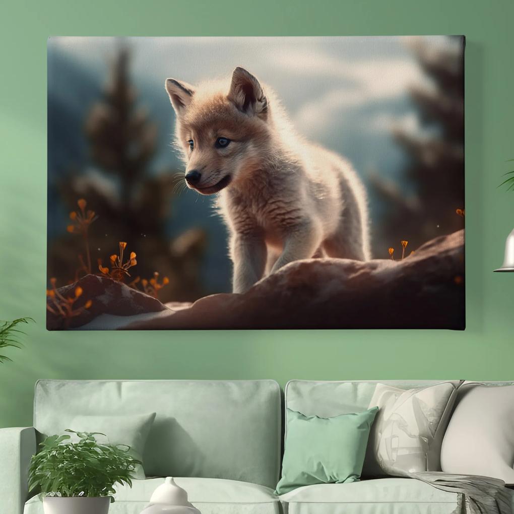 Obraz na plátně - Malý vlček na skále objevuje svět FeelHappy.cz Velikost obrazu: 90 x 60 cm