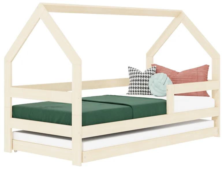 Benlemi Dětská dřevěná postel domeček SAFE 3v1 se zábranou a přistýlkou Zvolte barvu: Béžová, Zvolte rozměr: 90x160 cm, Zvolte zábranu: S jednou zábranou