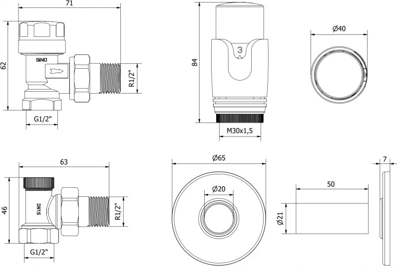 Mexen G00, sada úhlových ventilů s termostatickou hlavicí a krytkami, zlatá lesklá, W901-900-904-50